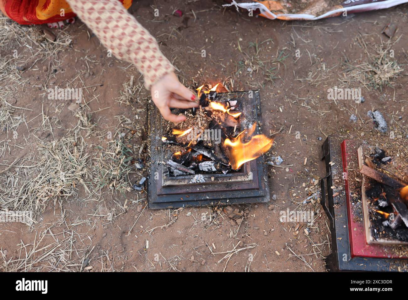 offerings made to holy fire at hindu delubrum or Yagya prayers at day ...