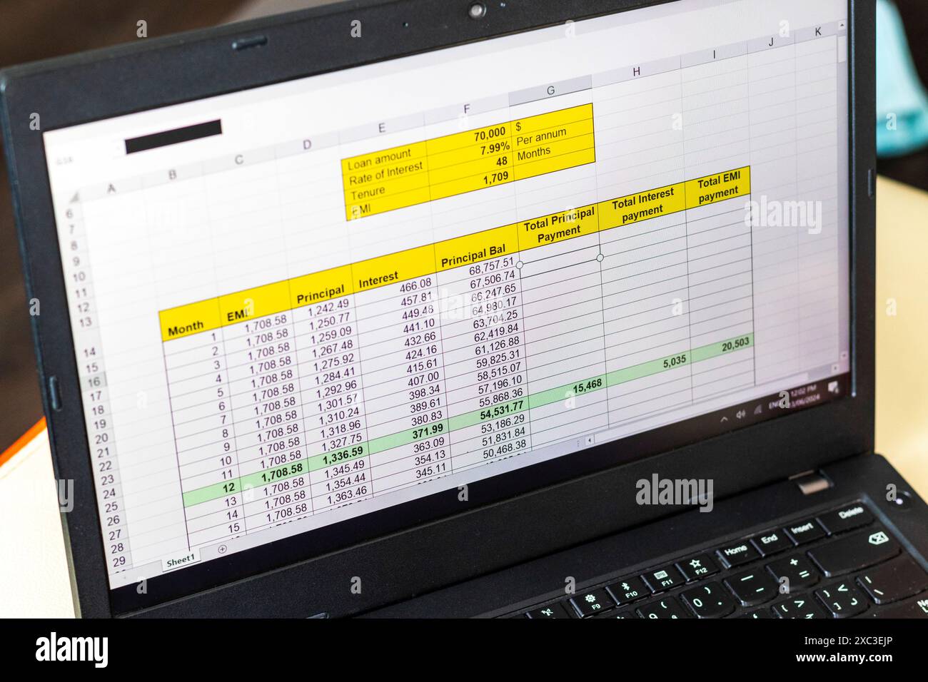 Shot of an excel sheet on computer screen showing bank loan ...