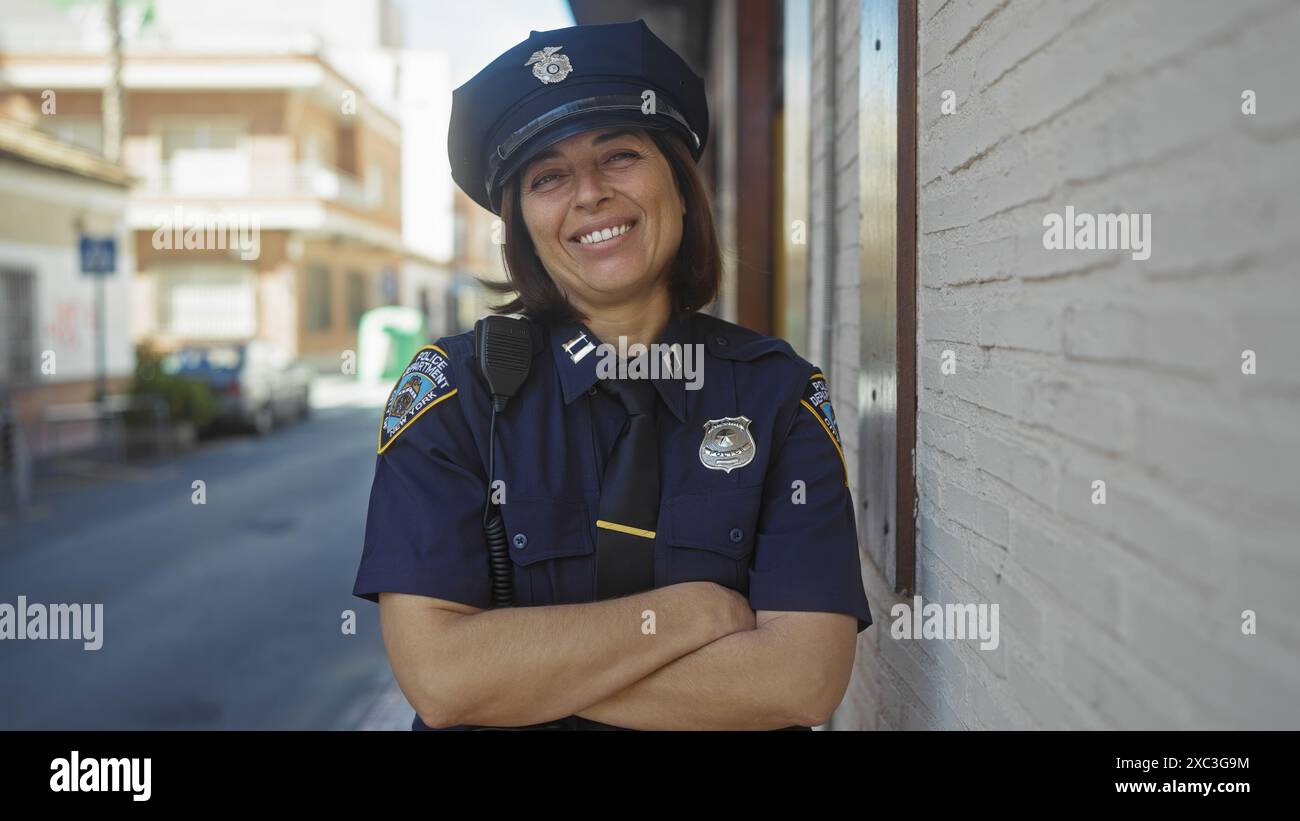 A smiling hispanic policewoman with crossed arms posing confidently on ...