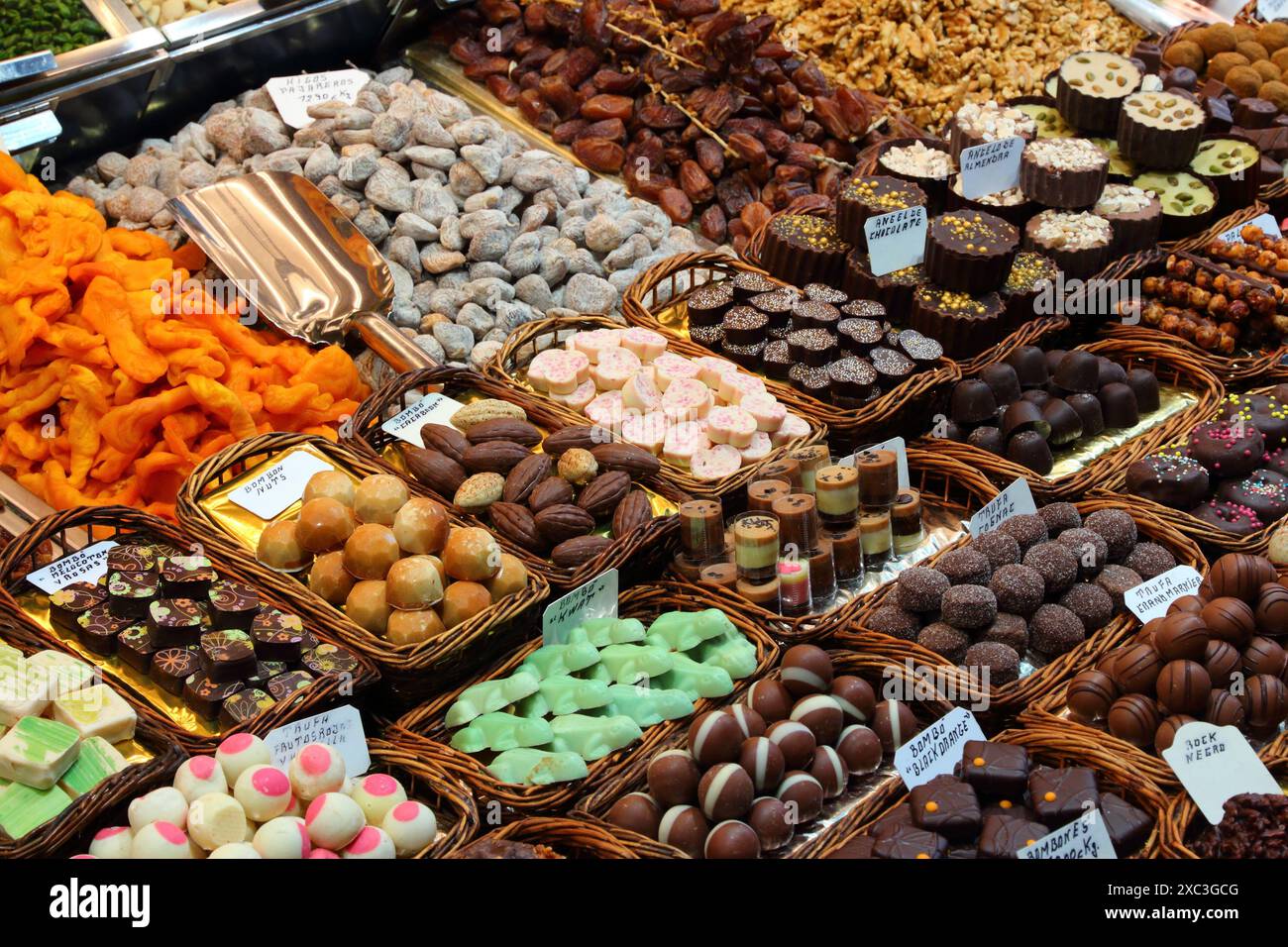 Chocolate truffles and confectionery at Boqueria market place in ...