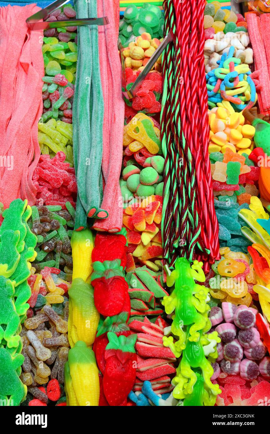 Colorful candy assortment at Boqueria market in Barcelona, Spain ...