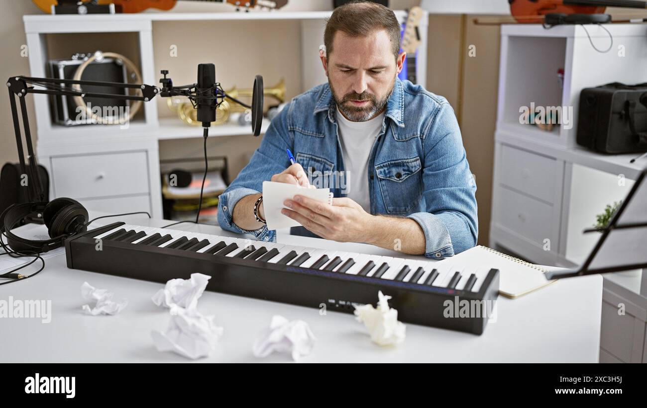 Focused mature man composing music in a modern home studio with ...