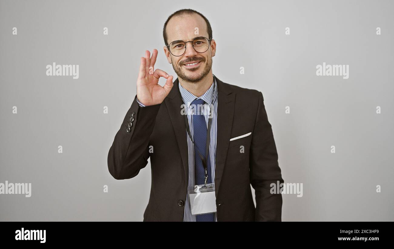 A bald hispanic man in a suit makes an okay sign against a white ...