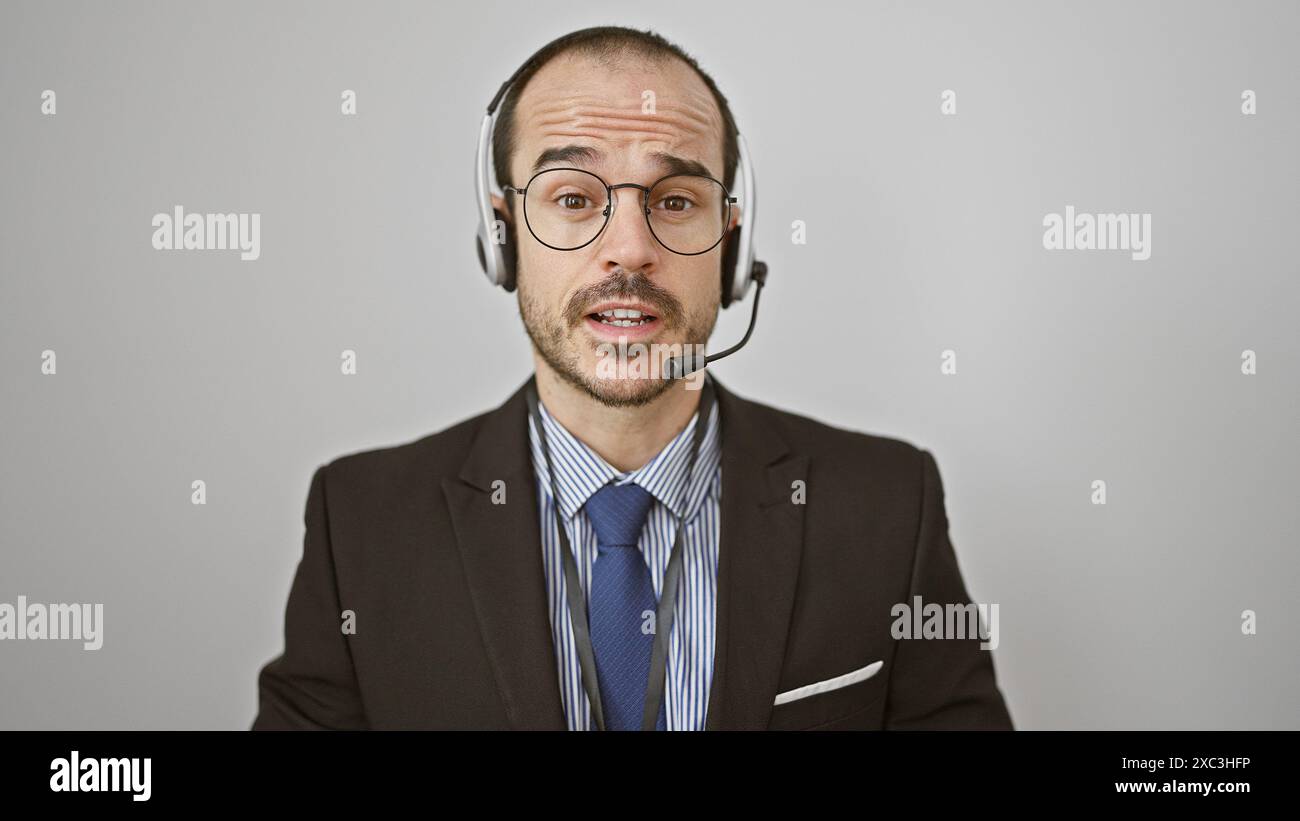 Bald hispanic businessman with beard wearing headset against white ...
