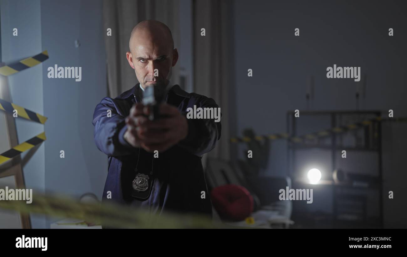 Bald policeman aiming gun indoors crime scene intense investigation ...