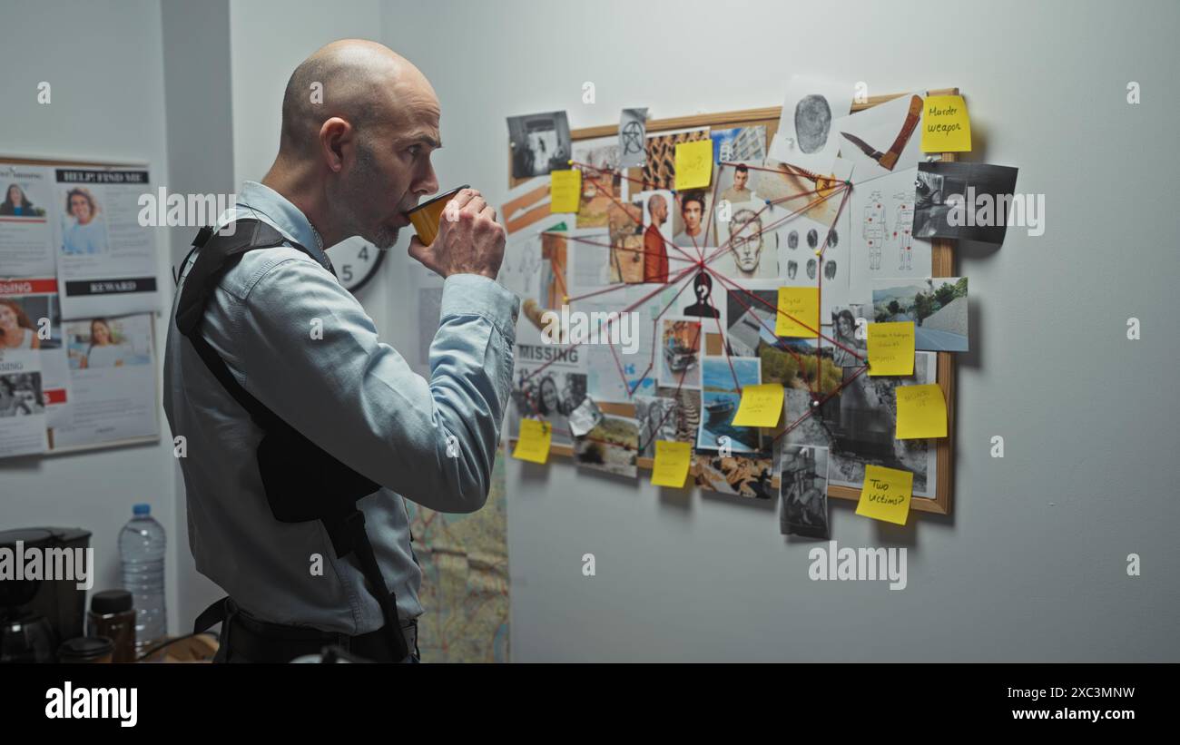 Bald man with beard sipping coffee in detective office, studying ...