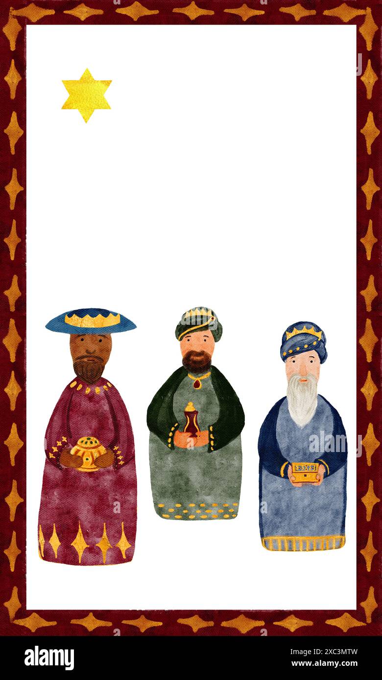 Wise men, kings, magi with gifts Christmas card with ornament hand ...