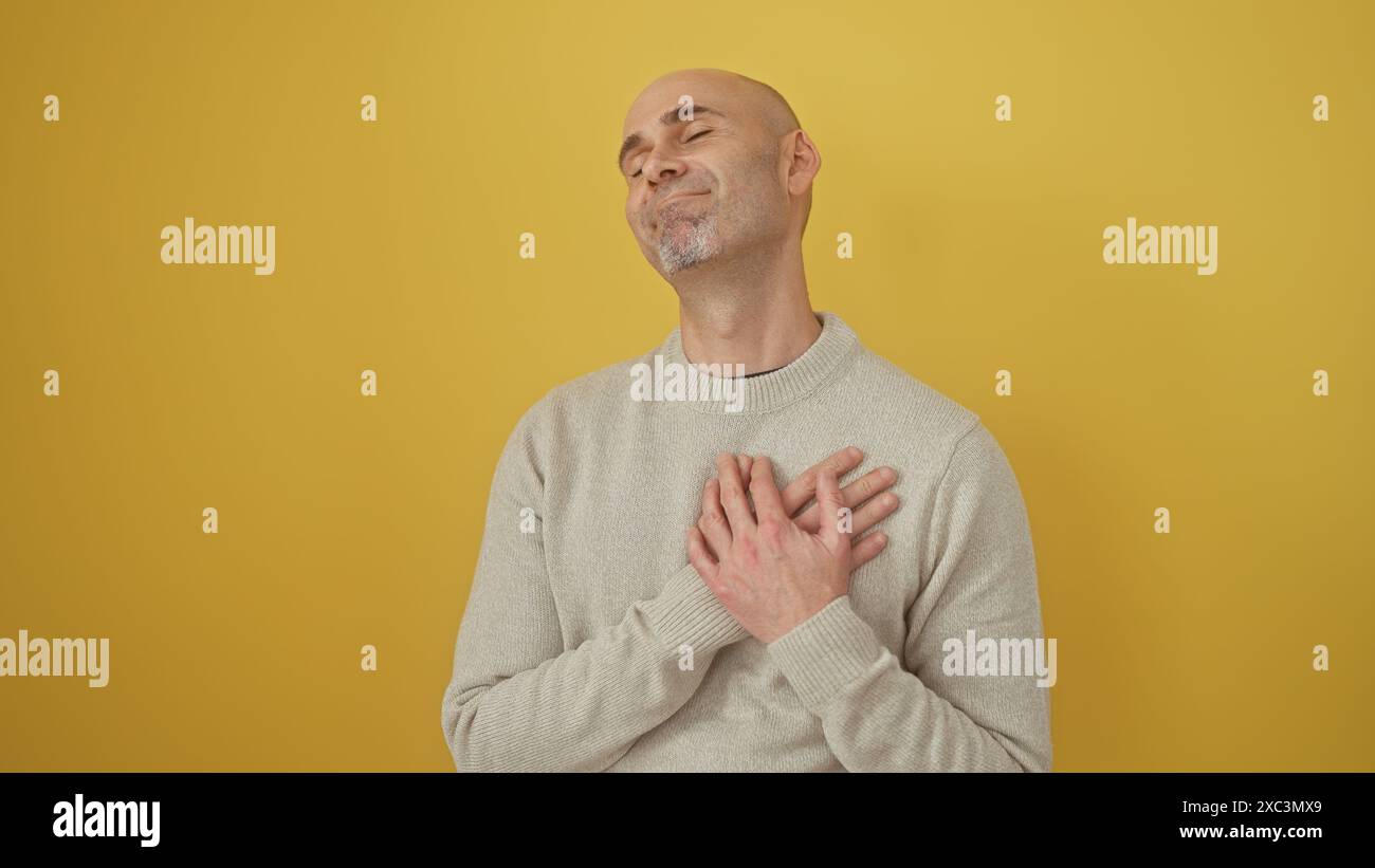 Contented young bald man with a beard wearing a sweater standing ...