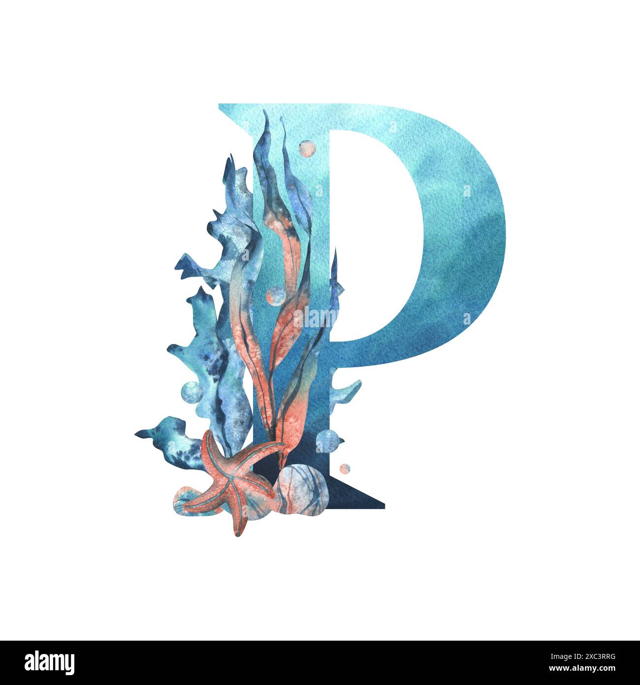 Capital letter P, part of the Latin alphabet decorated in a wet theme ...