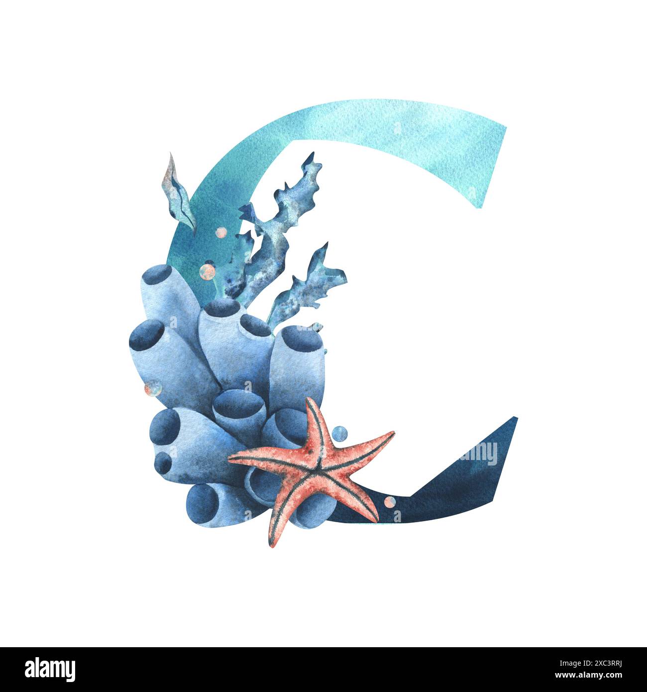 Capital letter C, part of the Latin alphabet decorated in a wet theme ...