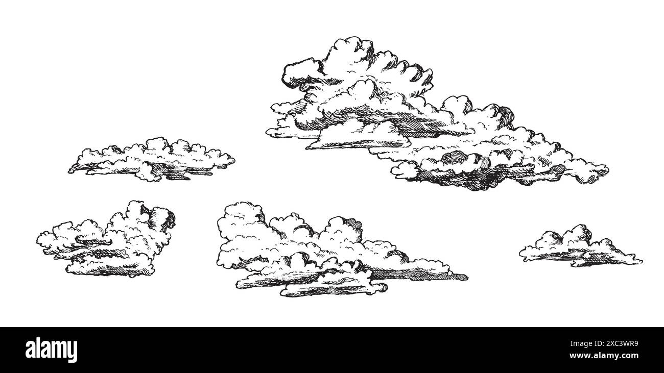 Set of clouds in hand drawn vintage retro style isolated on white ...