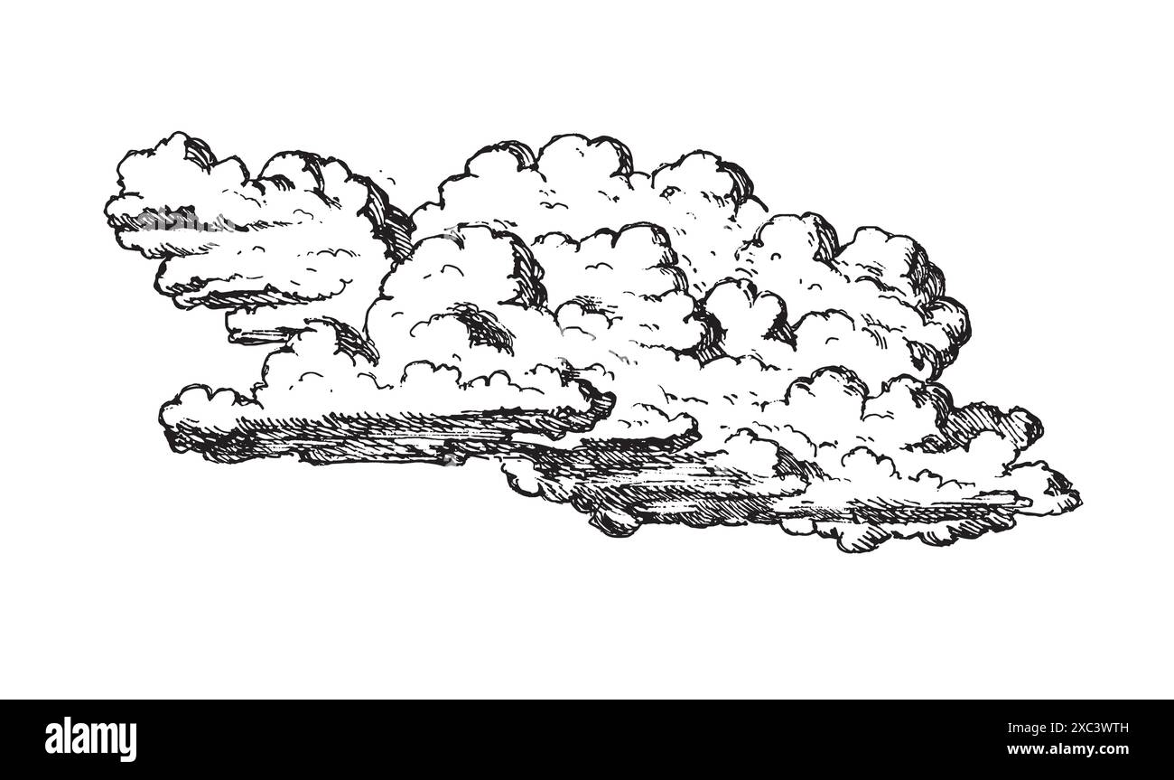 Set of clouds in hand drawn vintage retro style isolated on white ...