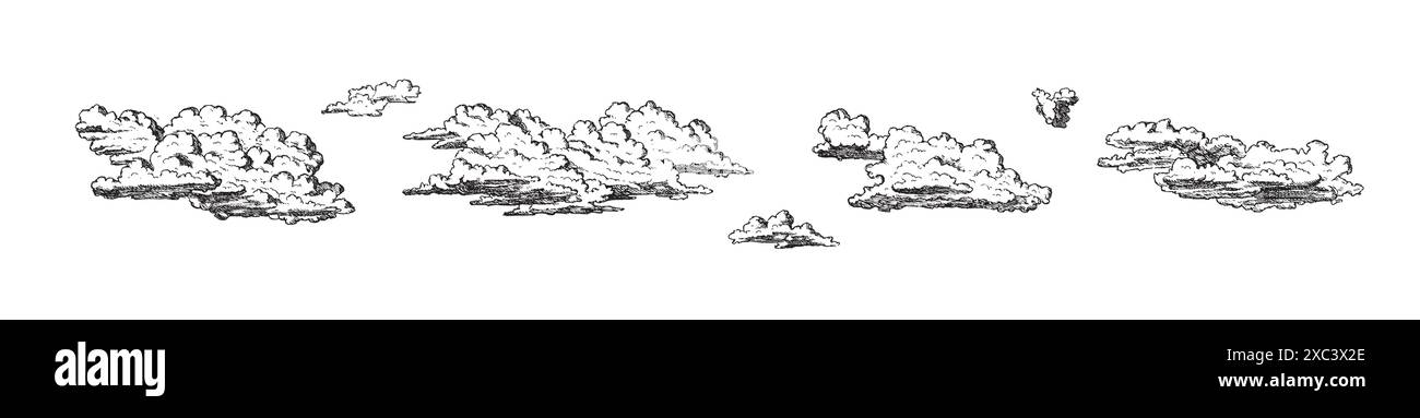 Set of clouds in hand drawn vintage retro style isolated on white ...
