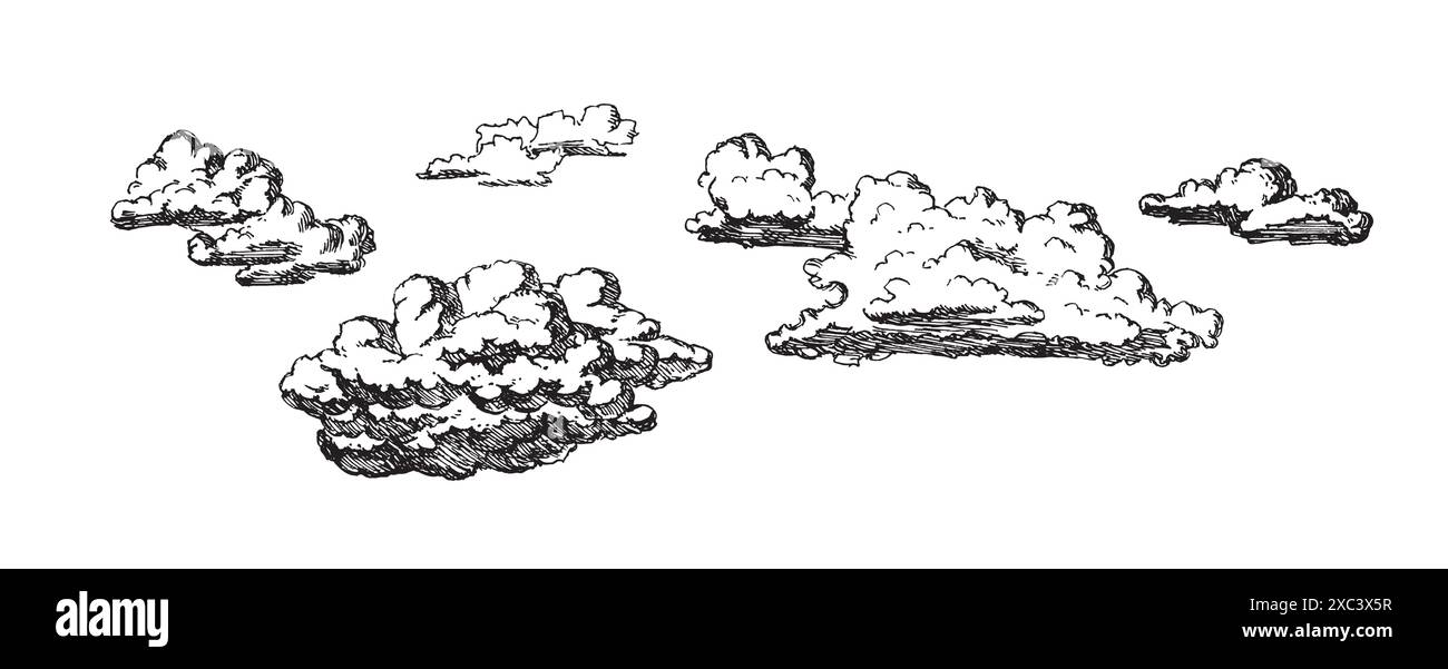 Set of clouds in hand drawn vintage retro style isolated on white ...