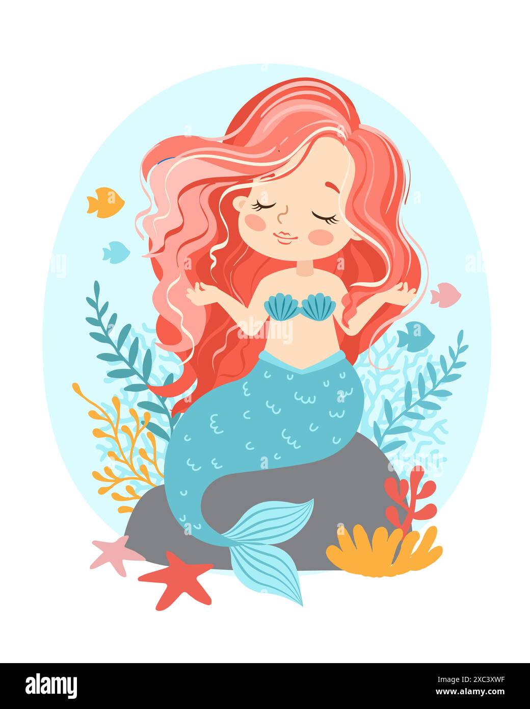 Hand drown vector illustration of Beautiful Girl Mermaid with pink hair ...