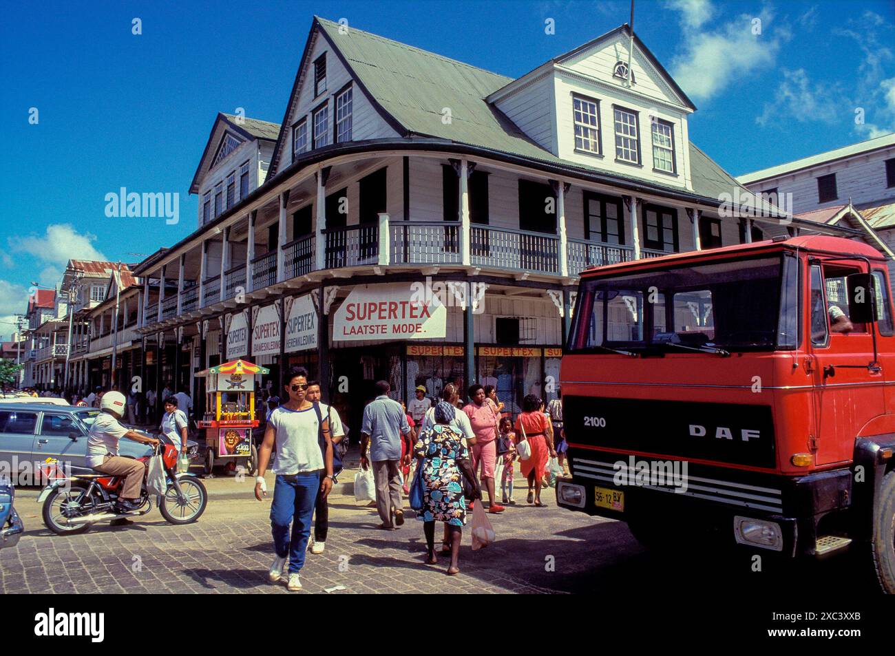 Suriname - Shopping street of Paramaribo city with people and the ...