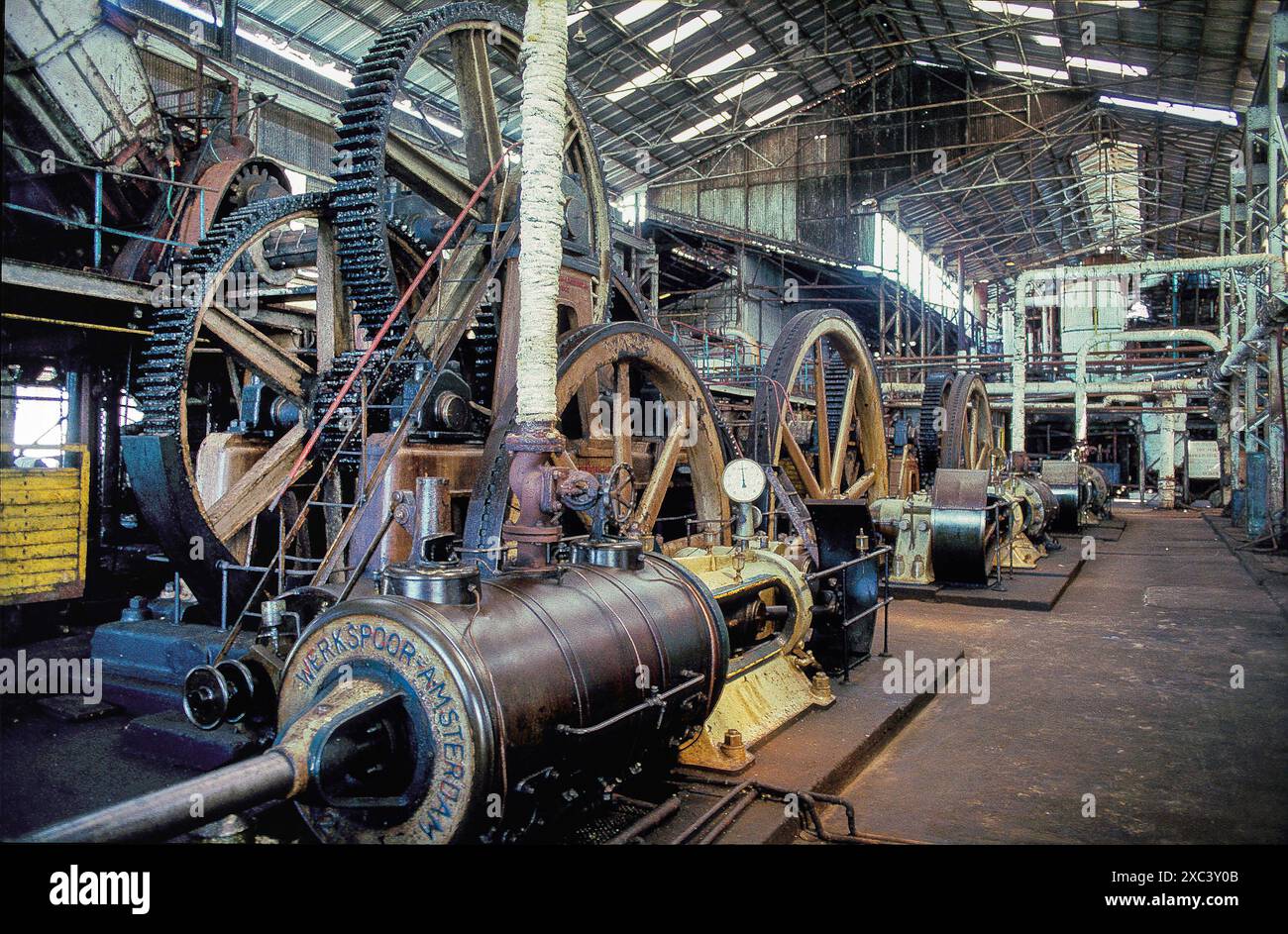 Suriname, steam engines in abandoned sugar factory where sugarcane was ...