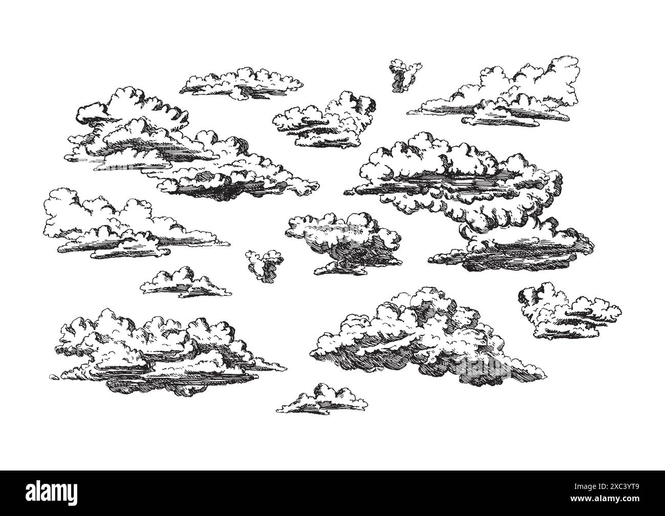 Set of clouds in hand drawn vintage retro style isolated on white ...