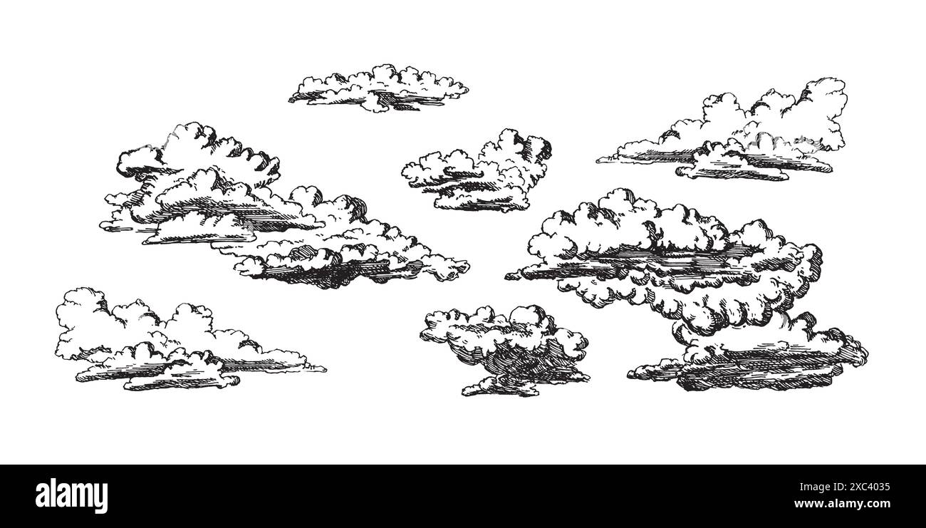Set of clouds in hand drawn vintage retro style isolated on white ...