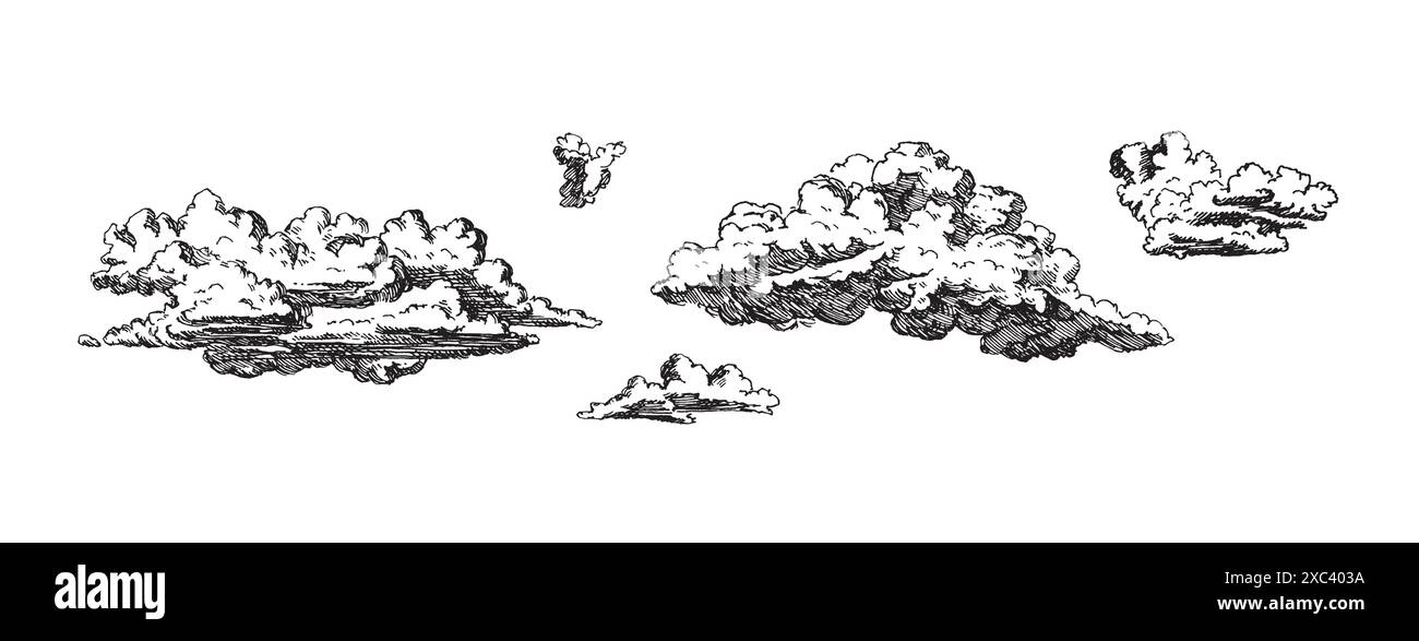 Set of clouds in hand drawn vintage retro style isolated on white ...