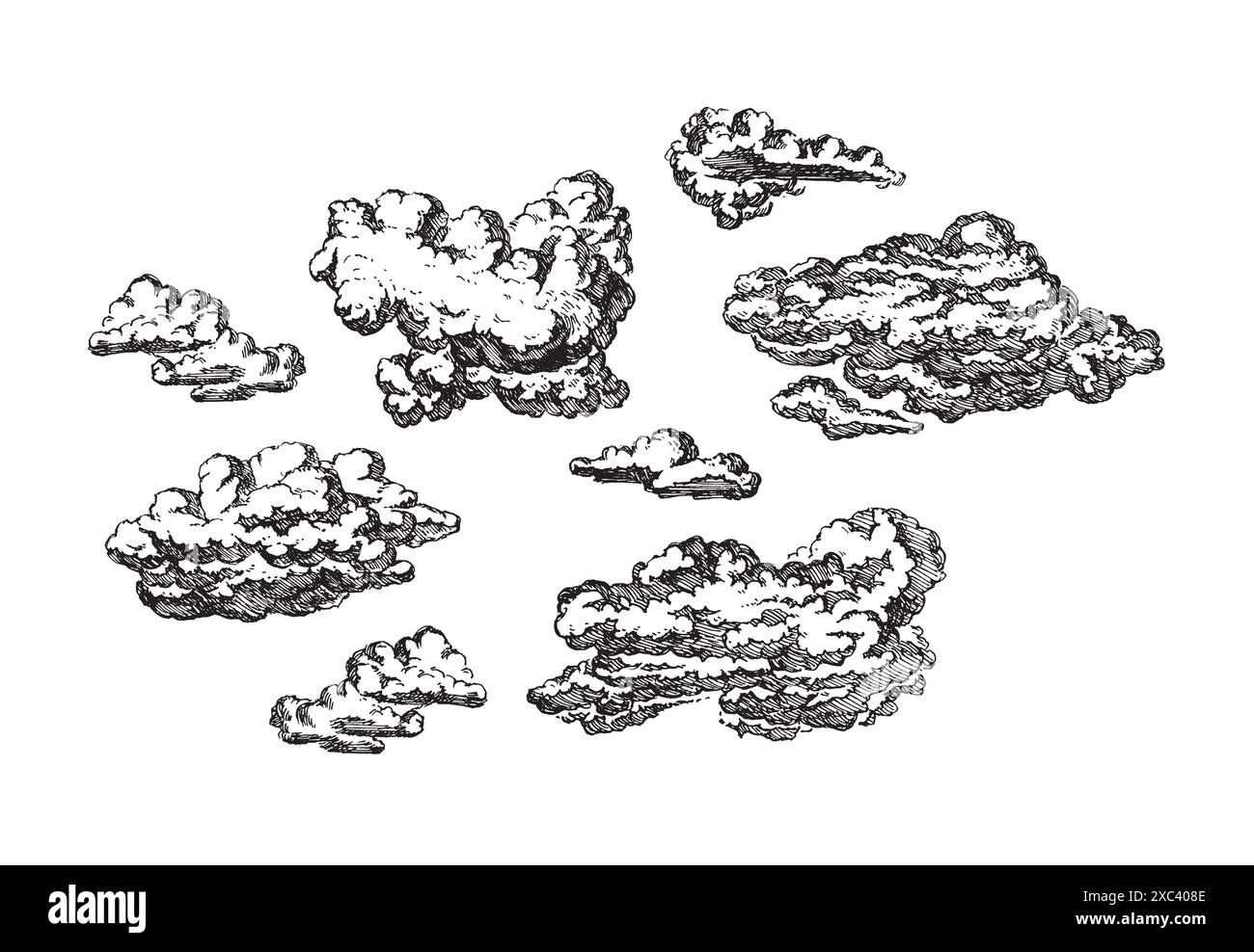 Set of clouds in hand drawn vintage retro style isolated on white ...