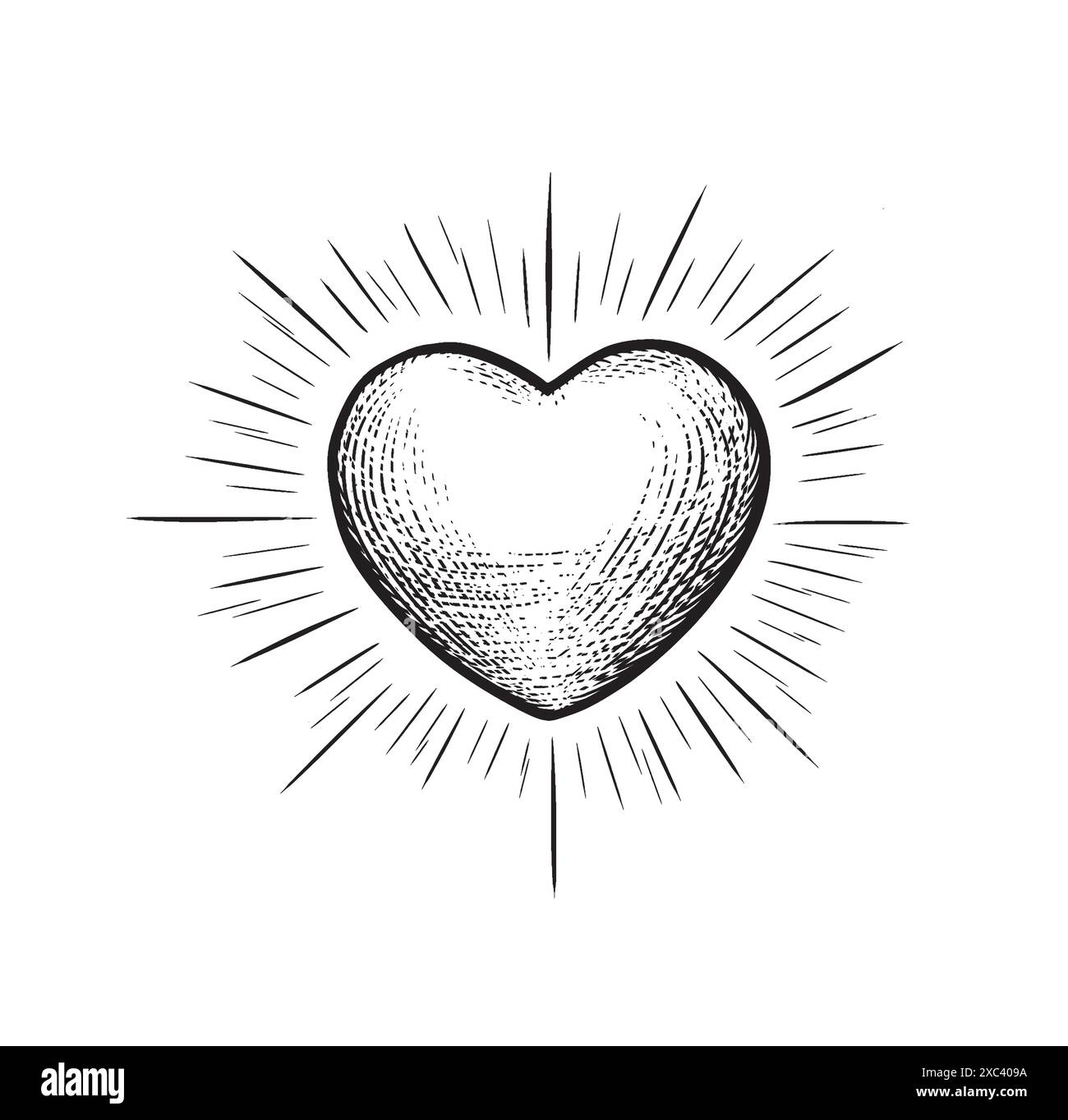 Hand drawn heart with rays. Vector black vintage engraving illustration ...