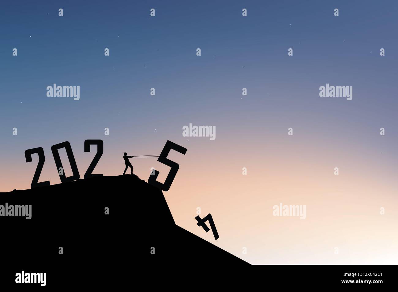 Silhouette of Businessman pulling the number "5" to complete "2025" on ...