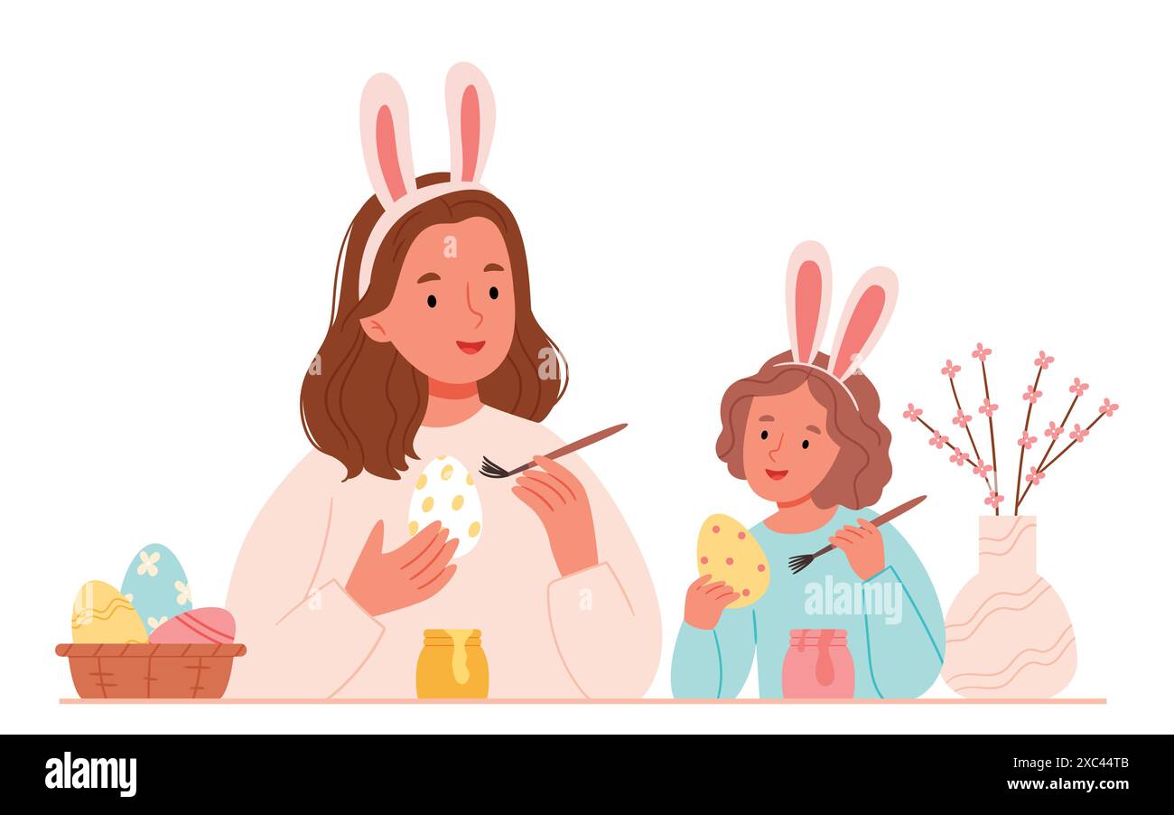 Mother and daughter in rabbit ears paint Easter eggs.Happy family ...