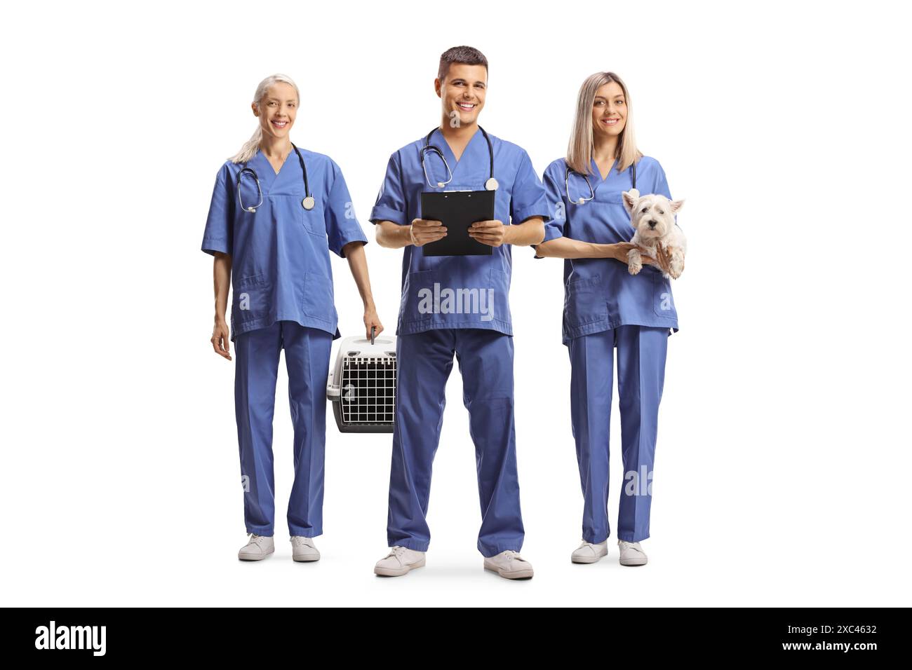 Veterinary health care team in blue uniforms isolated on white ...