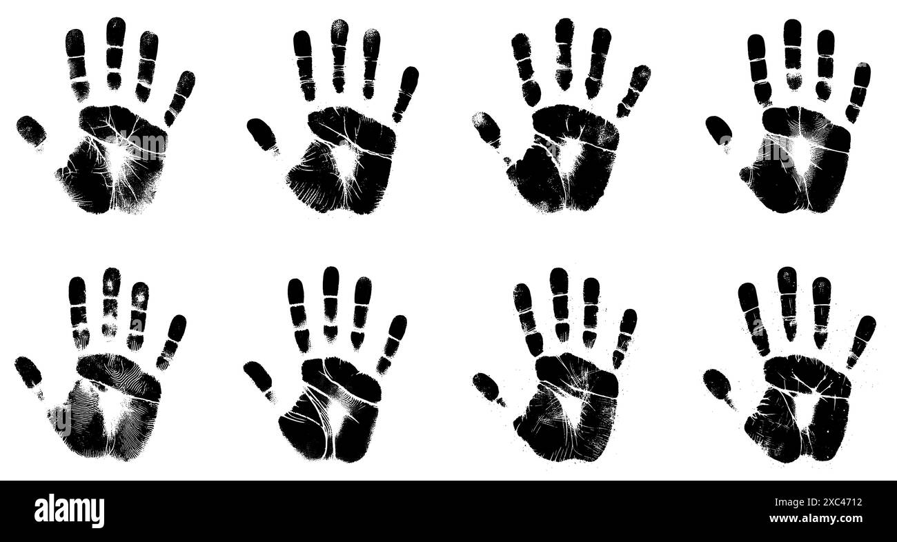 Grunge human handprint. Set of different black handprints on white ...