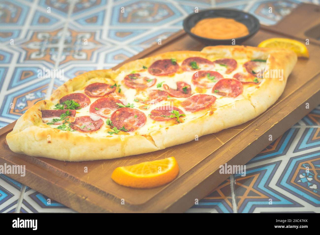 Pide Pepperoni Freshly made pide with Turkish sun-dried salami and ...