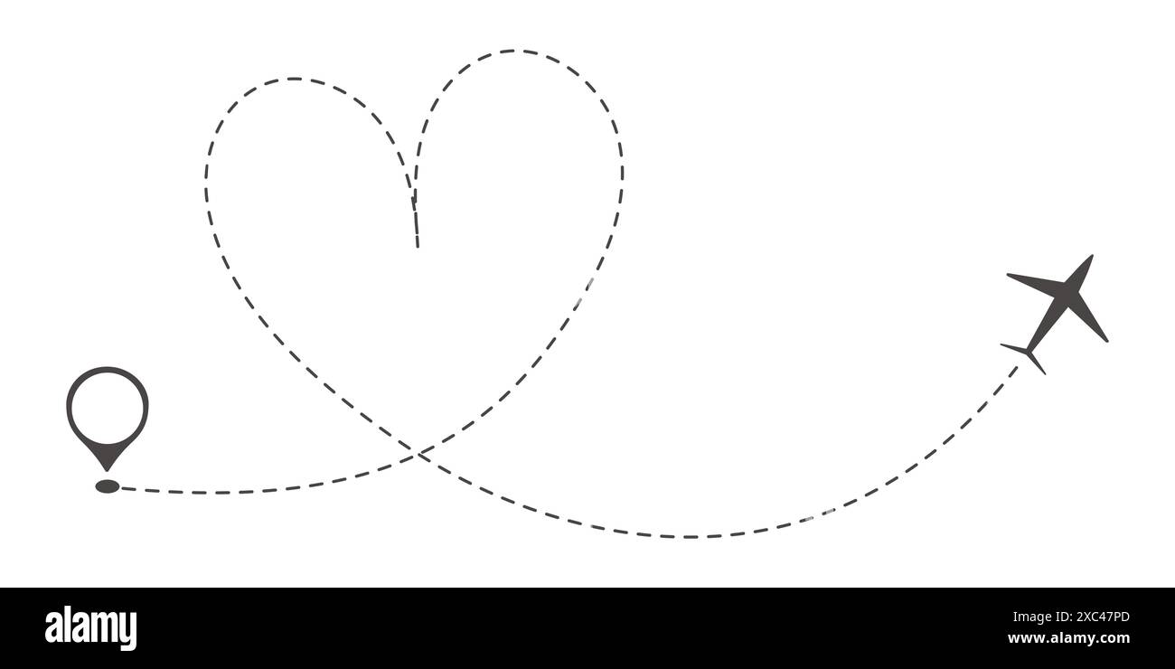 Itinerary dashed trace heart shape, line airplane flight, dotted path ...