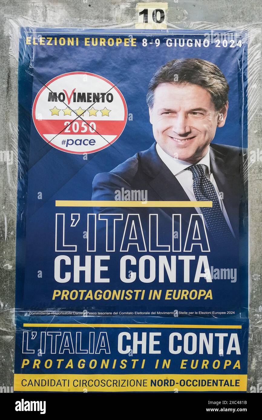 Italy, Lombardy, Casorezzo, posters for the 2024 European and local elections, Movimento 5 ...