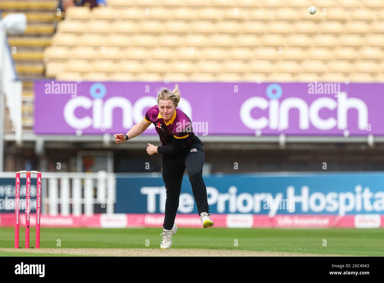 Birmingham, UK. 14th June, 2024. Charis Pavely in action bowling during ...