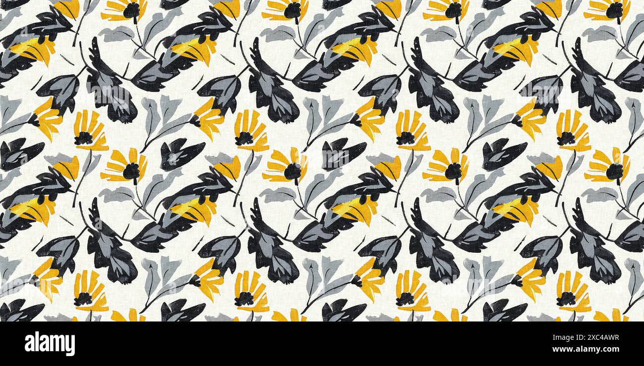 Modern printed fabric flower block print pattern with linen texture ...