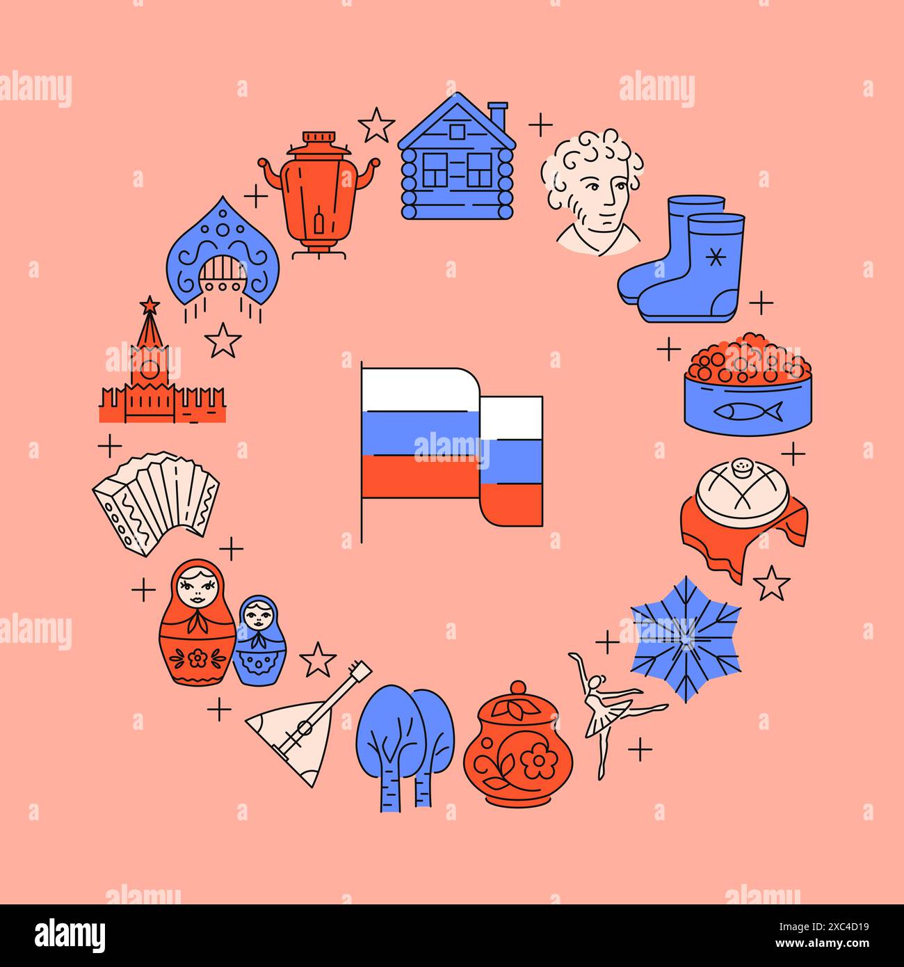 Round poster with Russian national symbols. Vector illustration Stock ...