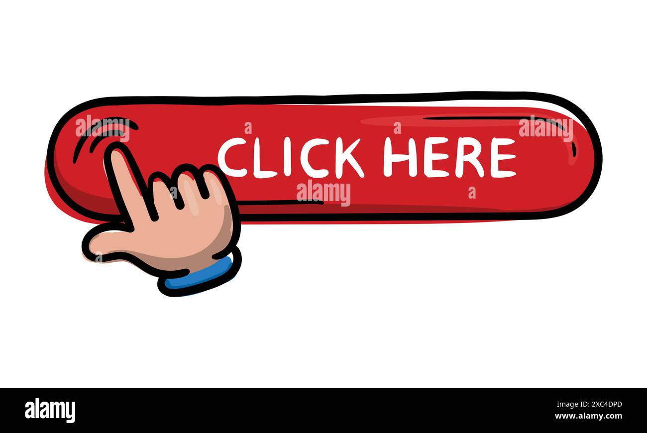 A bright hand drawn red button with the text click here and a hand icon ...