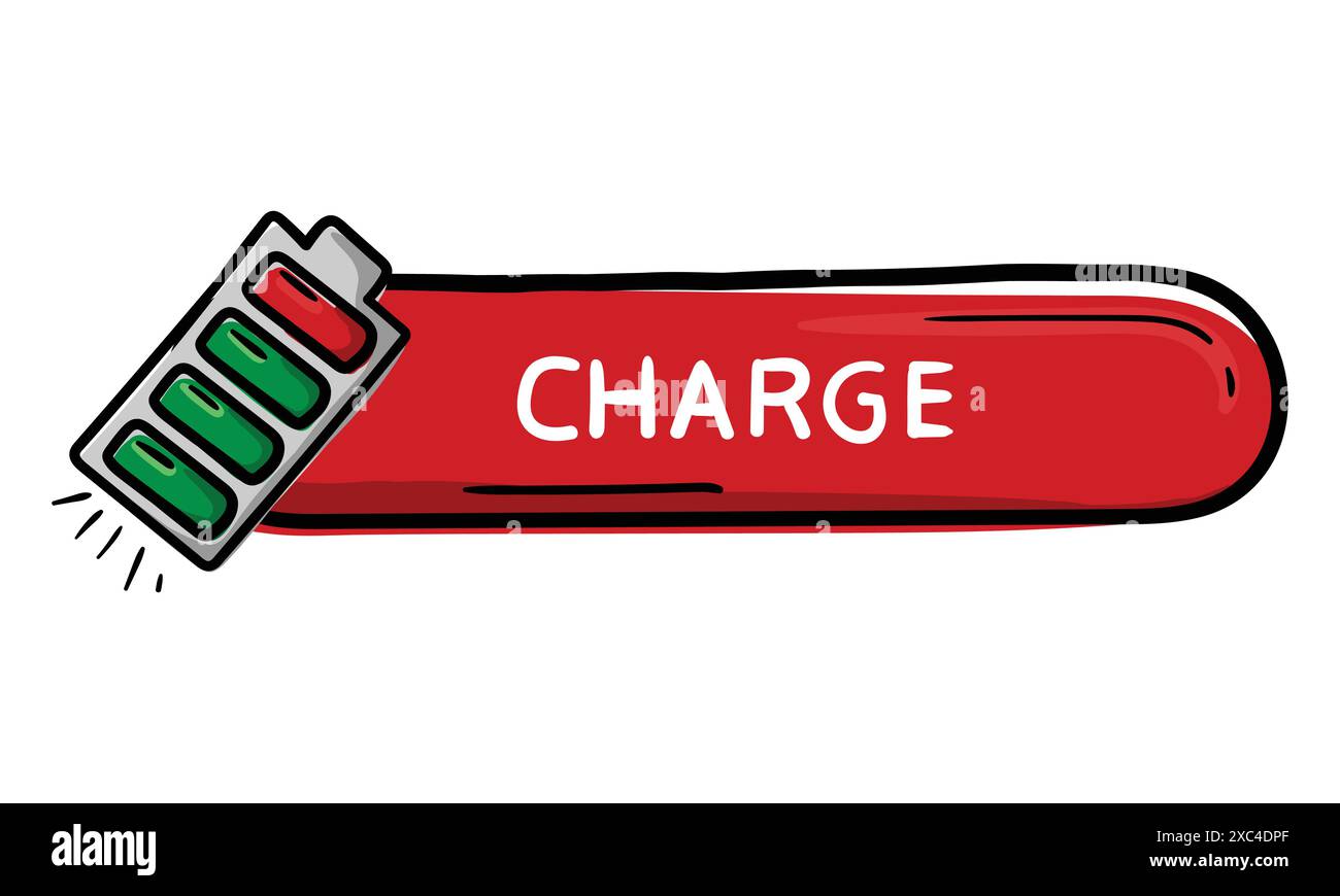 Bright red button with the text charge and battery icon. Vector ...