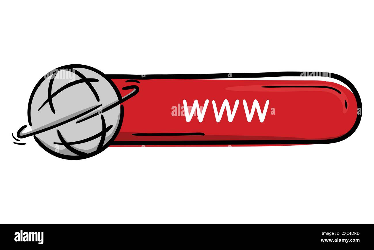 Bright hand drawn red button with text WWW and planet icon. Vector ...
