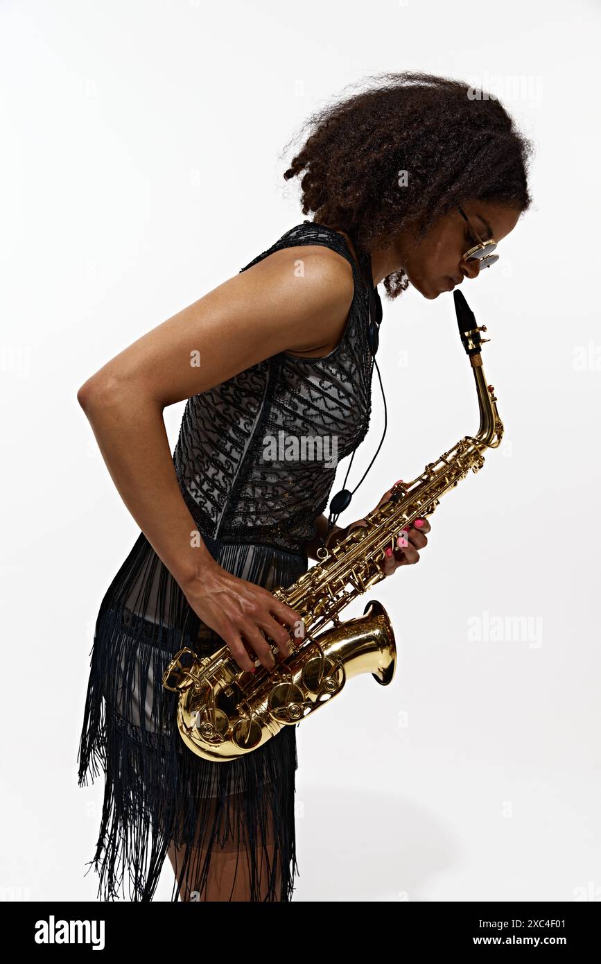 Rhythmic Soul. Female sax player in an eye-catching outfit channels the ...
