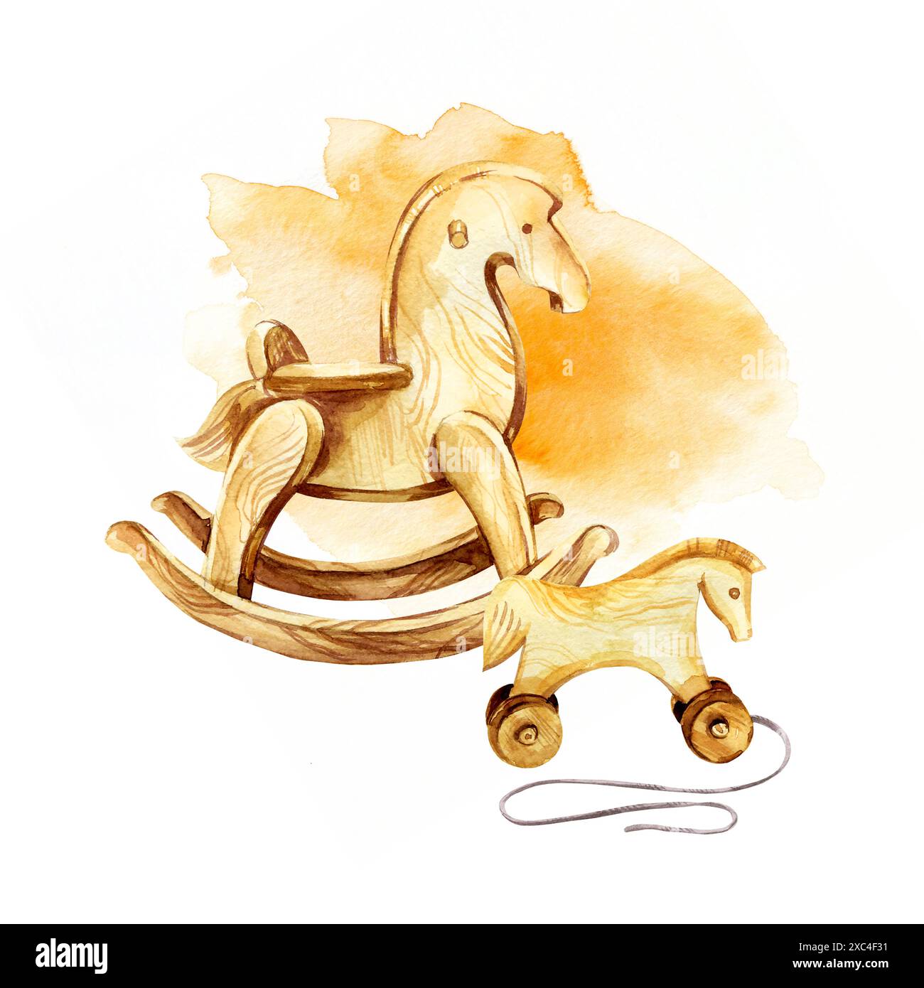 watercolor hand drawn vintage wooden rocking horse and vintage toy ...