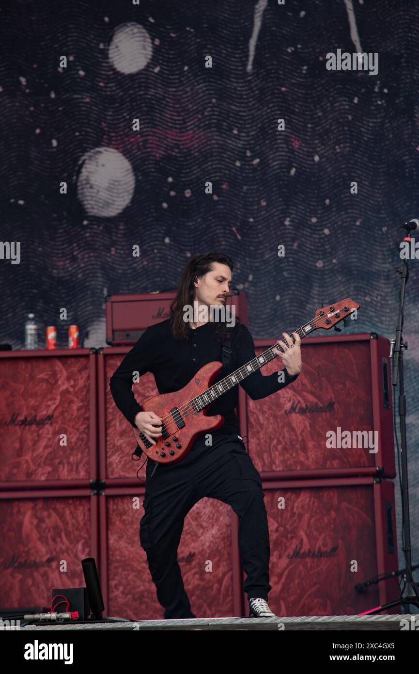 Donington, United Kingdom. 13th June 2024. Polyphia warm up the Main ...