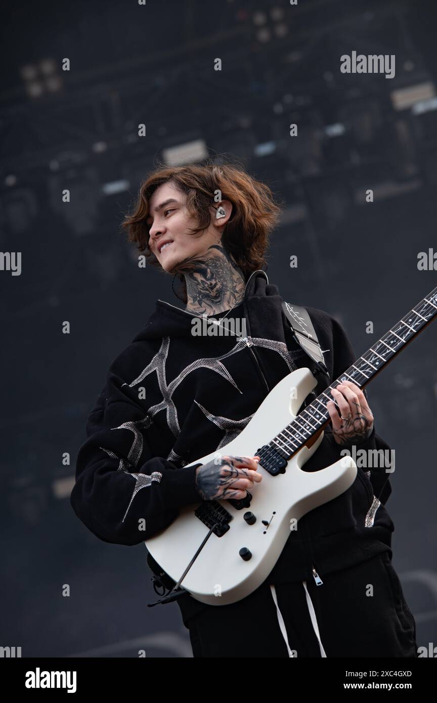 Donington, United Kingdom. 13th June 2024. Polyphia warm up the Main ...