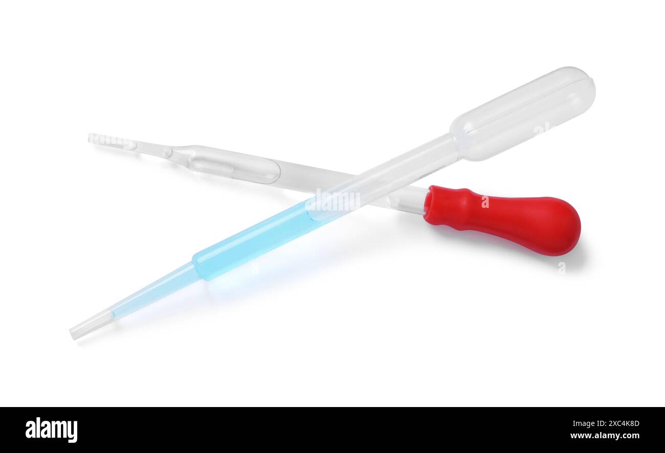 Two pipettes with liquid isolated on white, top view Stock Photo - Alamy