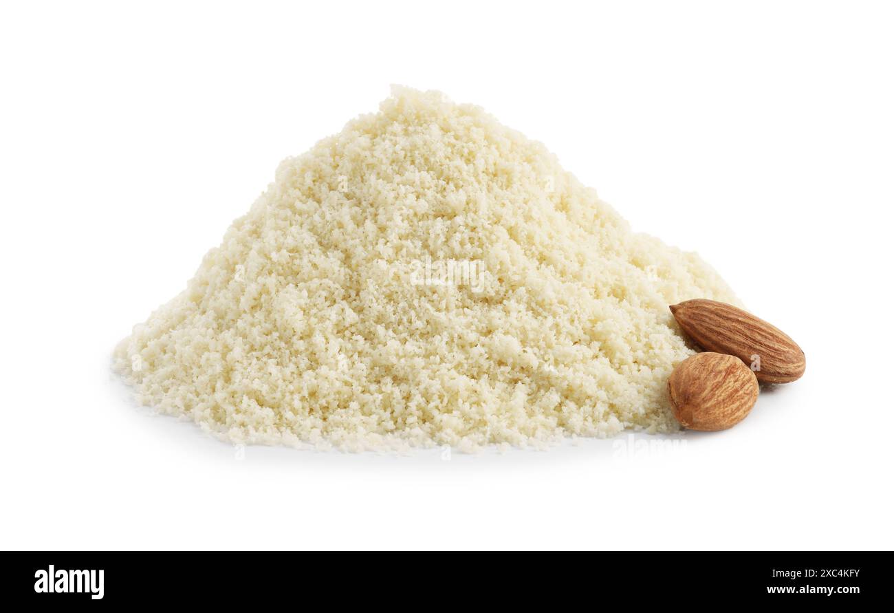 Pile of fresh almond flour and nuts isolated on white Stock Photo - Alamy