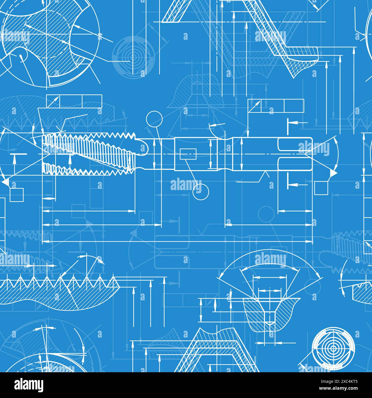 Mechanical engineering drawings on blue background. Tap tools, borer ...