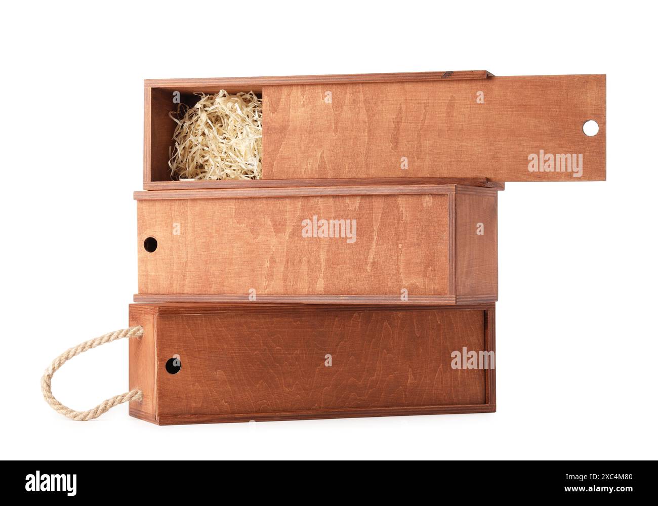 Open wooden wine boxes with straw isolated on white Stock Photo - Alamy