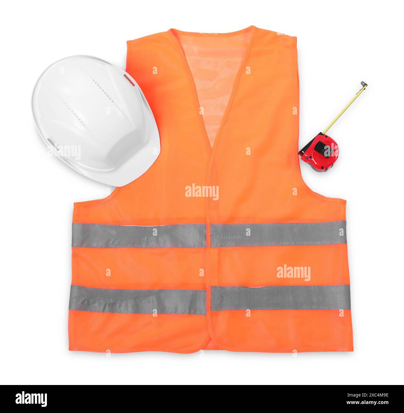 Orange reflective vest, hard hat and tape measure isolated on white ...