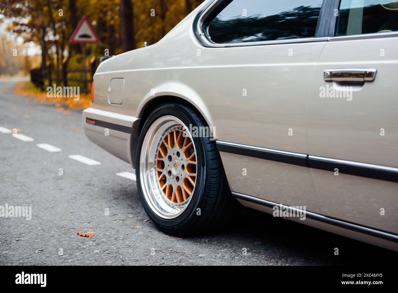 Right rear fender of silver classic BMW 6-series E24 coupe. 1980-s ...