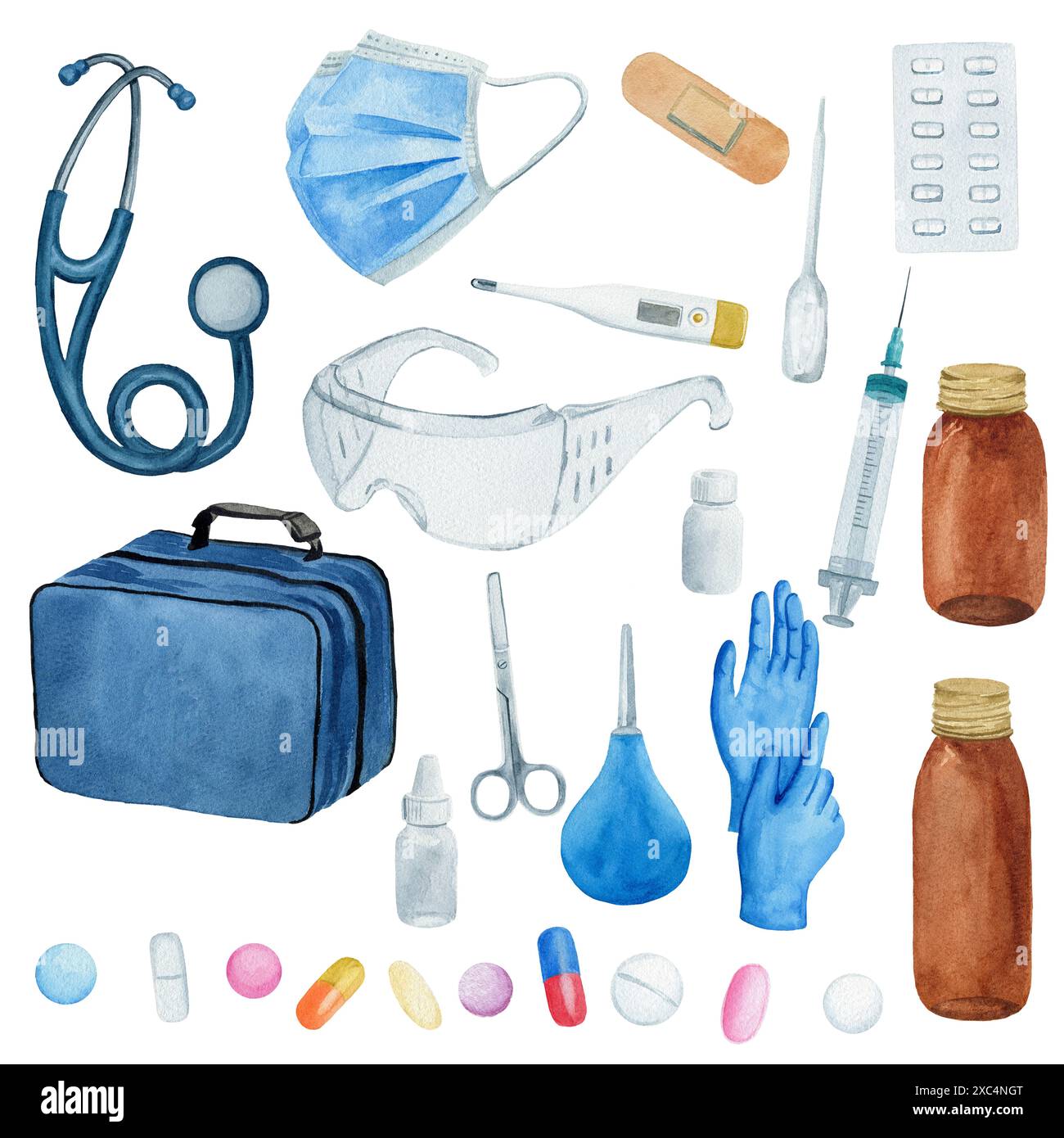 Watercolor drawing collection of various medical objects and signs ...